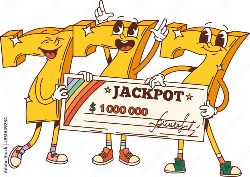 Retro groovy golden three seven signs characters with jackpot. Cartoon ...