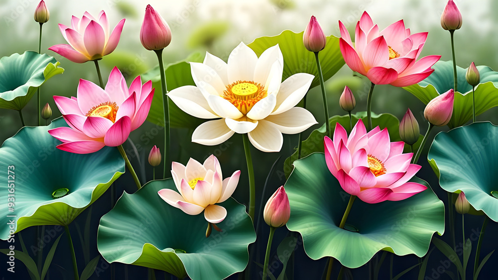 Lotus flowers in different color combinations and stages of growth ...
