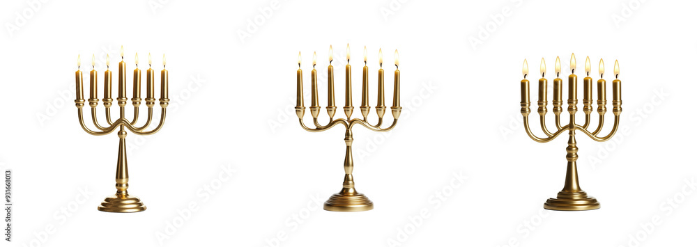 Collection of golden Hanukkah menorahs with lit candles isolated on a ...