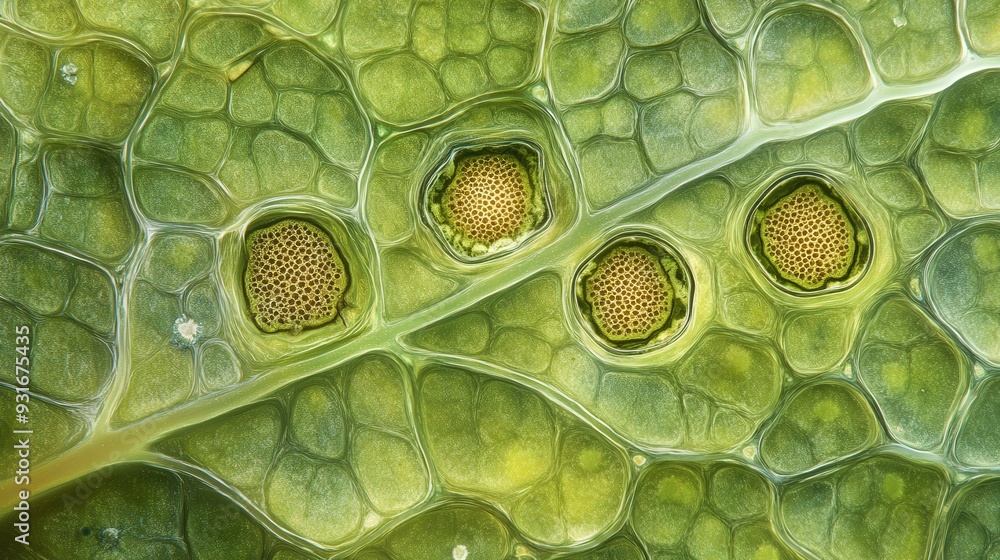 A cross section of a leaf shows distinct cellular structures and ...