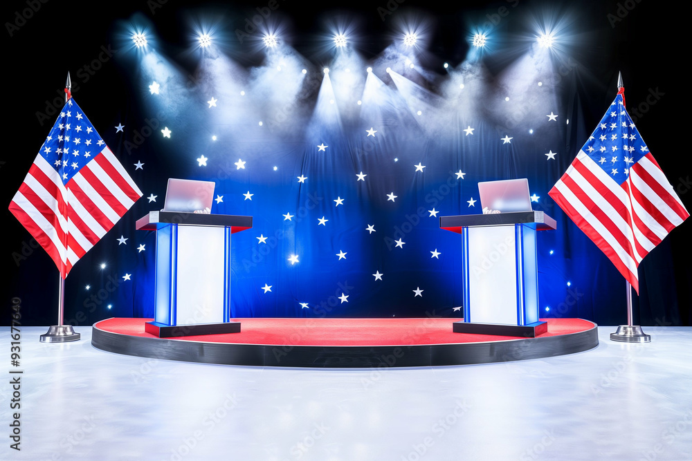 Debate Stage with American Flags and Bright Lights. The vibrant setup ...
