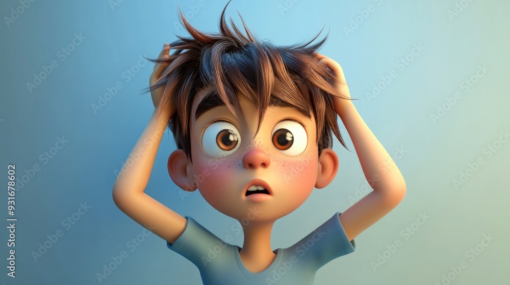 A thoughtful 3D cartoon boy playing with his hair while daydreaming A ...