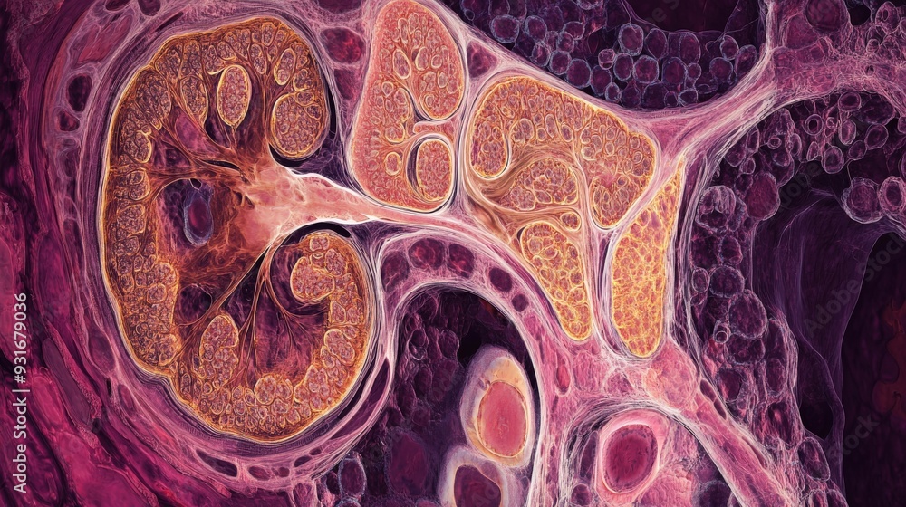 The cross-section showcases various structures within kidney tissue ...