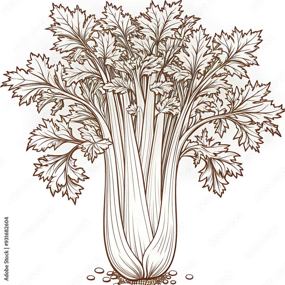 Highly detailed monochromatic graphic botanical illustration of celery ...
