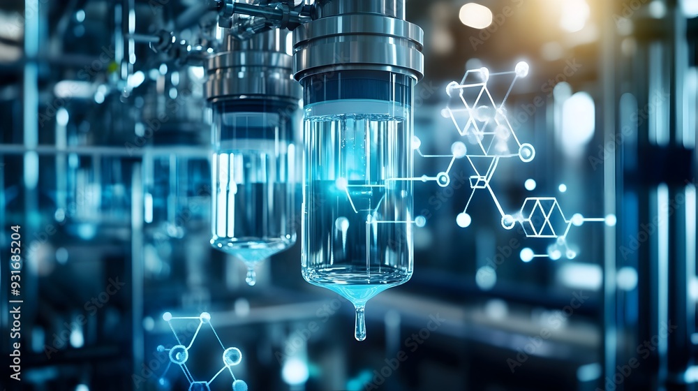 Close up view of an electrolyzer device in action separating water into ...