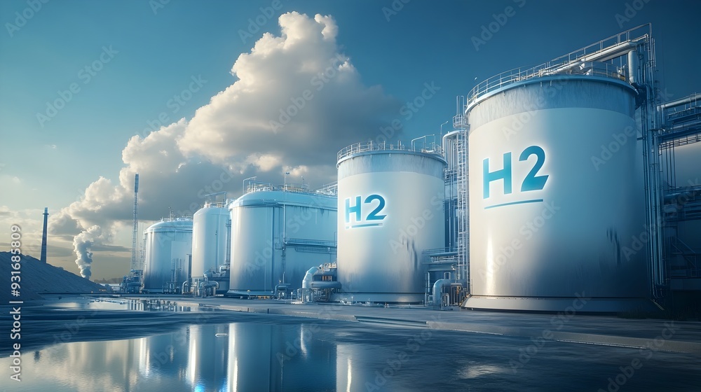 Futuristic hydrogen storage tanks labeled with the hydrogen symbol H2 ...