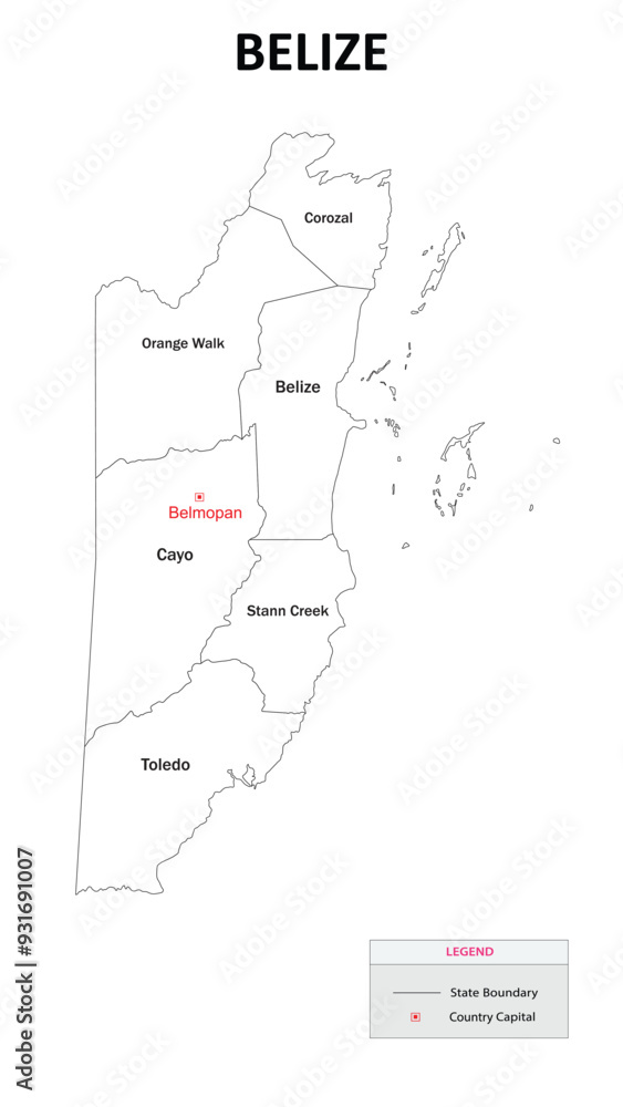 Belize Map. State and district map of Belize. Administrative map of ...