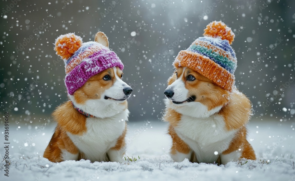 In heavy snowfall, two cute red Corgis are walking together in a park wearing funny knitted hats ...
