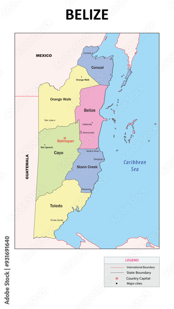 Belize Map. State and union territories of Belize with neighbouring ...