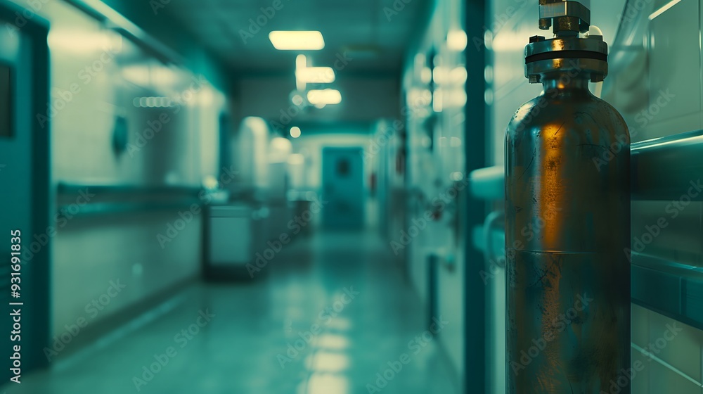 Cinematic depiction of an oxygen cylinder in a hospital setting. The ...
