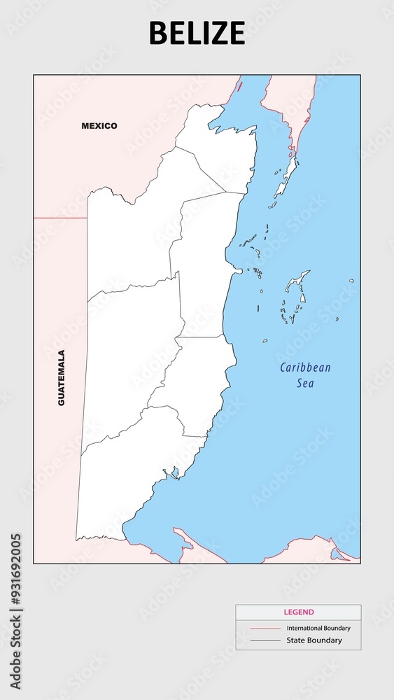Belize Map. Political map of Belize with state border in outline. Political map of Belize with ...