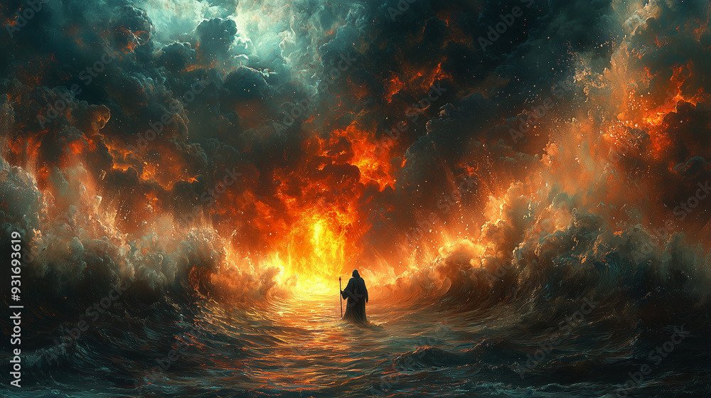 A powerful image of Moses parting the Red Sea, with towering waves and ...
