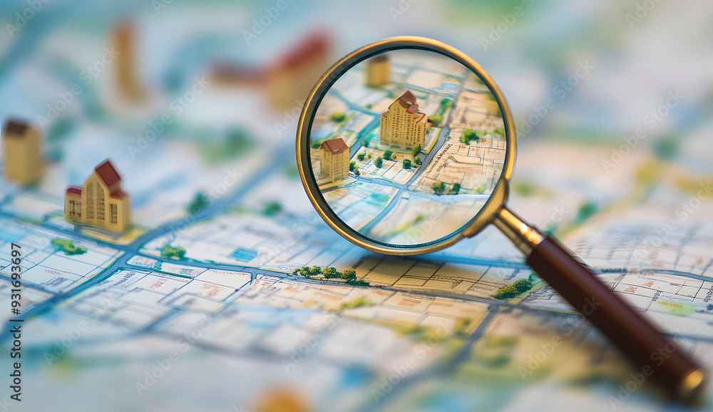 "Magnifying Glass Over the Map of a Home Real Estate, Highlighting ...