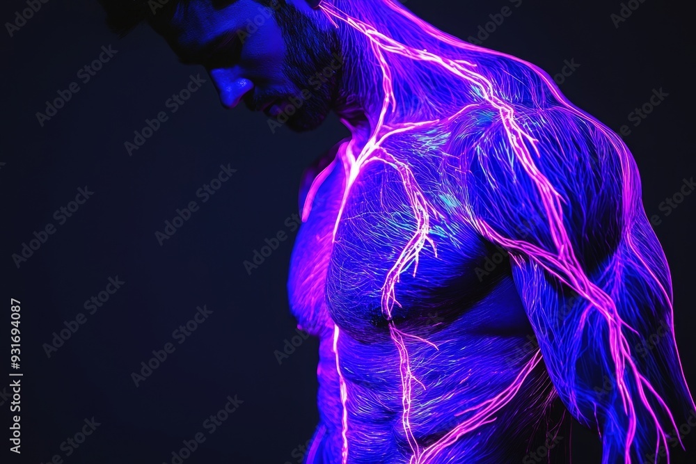In this UV pattern, veins and arteries of a muscular athlete are drawn ...