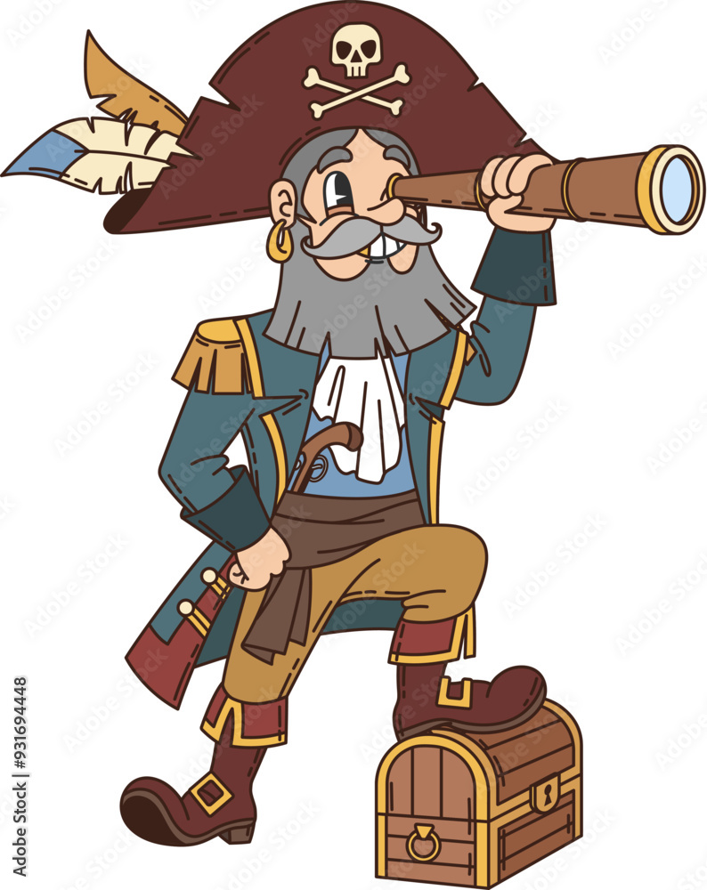 Cartoon groovy pirate and corsair character. Isolated vector bearded captain personage stands ...