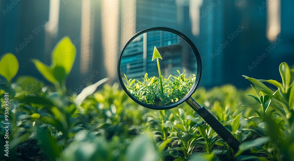 "Magnifying Glass Focusing on an Arrow Pointing Upward, Symbolizing ...