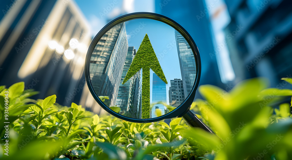 "Magnifying Glass Focusing on an Arrow Pointing Upward, Symbolizing ...