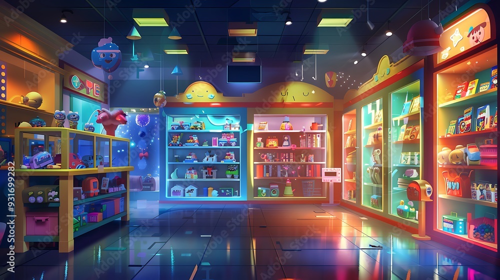 Night toy store interior with spotlight cartoon background magic ...