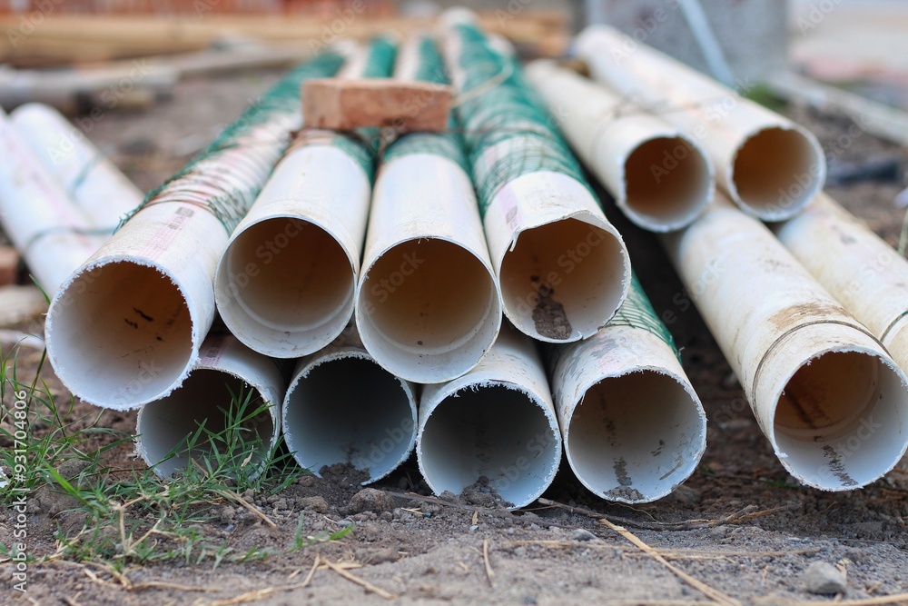 Close up ends of PVC plastic conduit pipes on the shelf stack for each ...