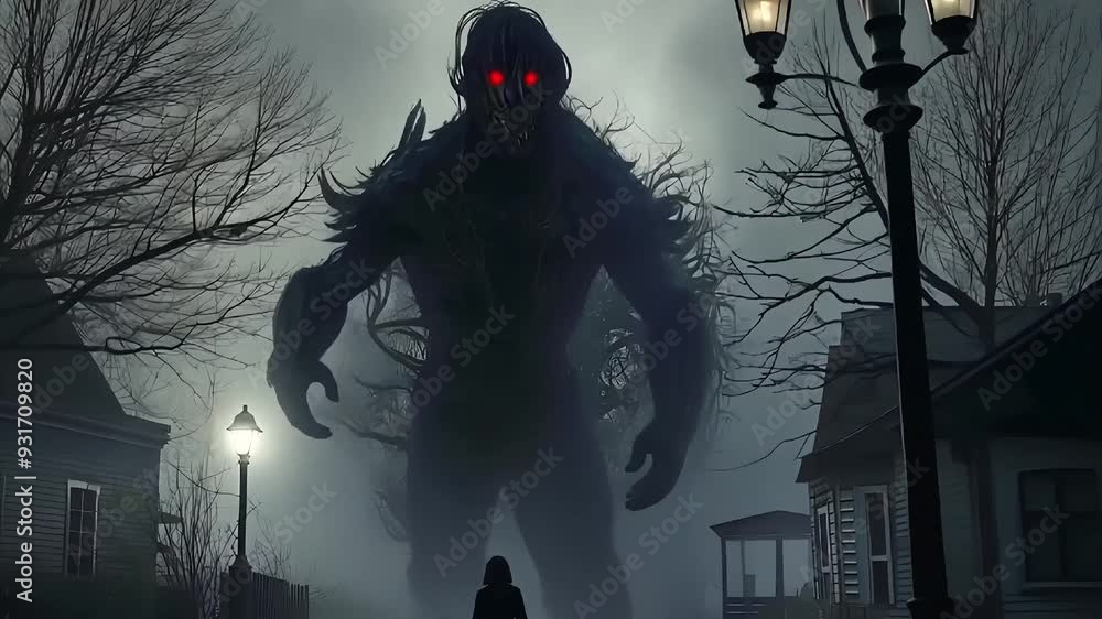 A dark black monster figure moving forward person standing Fog night ...