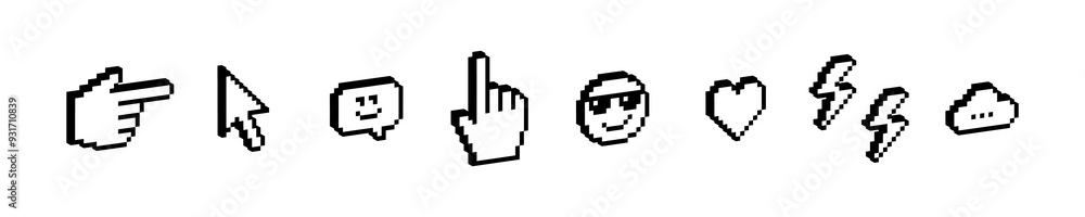 Trendy Y2k retro sticker pack in pixel art. Design elements for collage. 3D pointing hand click ...