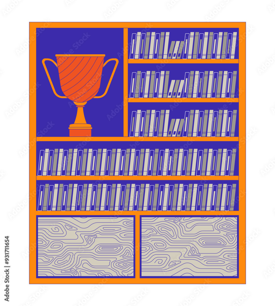 Winner cup on bookcase shelf 2D cartoon object. Office cabinet with ...