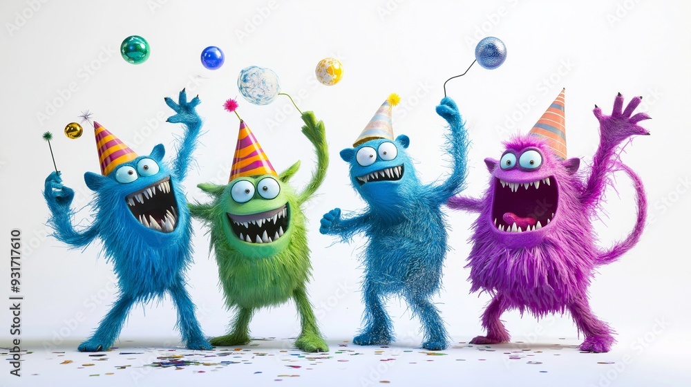 Party Monsters. Four whimsical and colorful monsters celebrate with ...