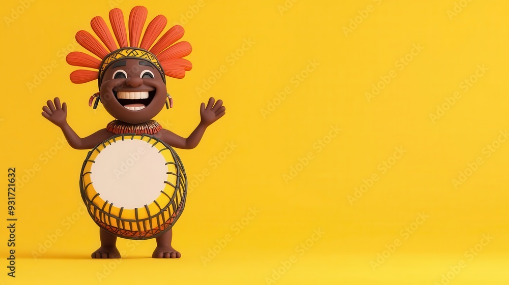 Cartoon tribal figure with a large drum and joyful expression, rhythmic ...