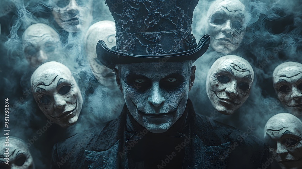 Cursed ringmaster with haunted masks floating around, surreal horror ...