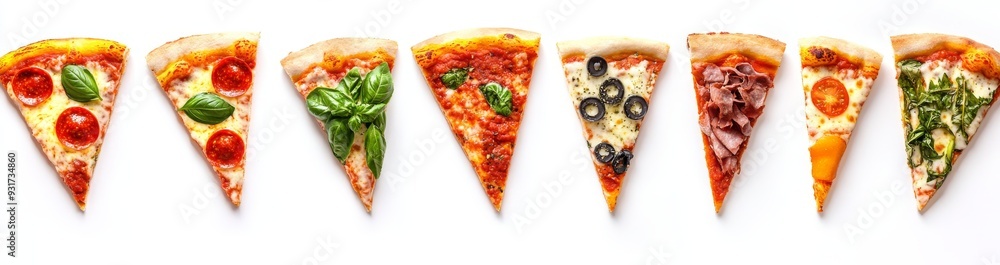 Isolated slices of pizza toppings with a high calorie menu. Popular ...