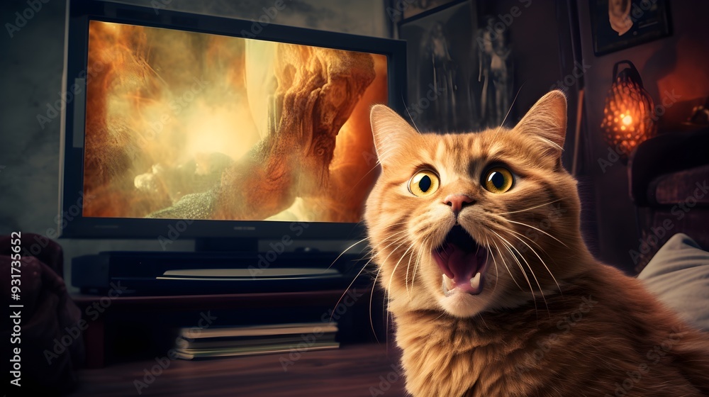 Surprised, terrified and scared cat watching shocking news on TV ...