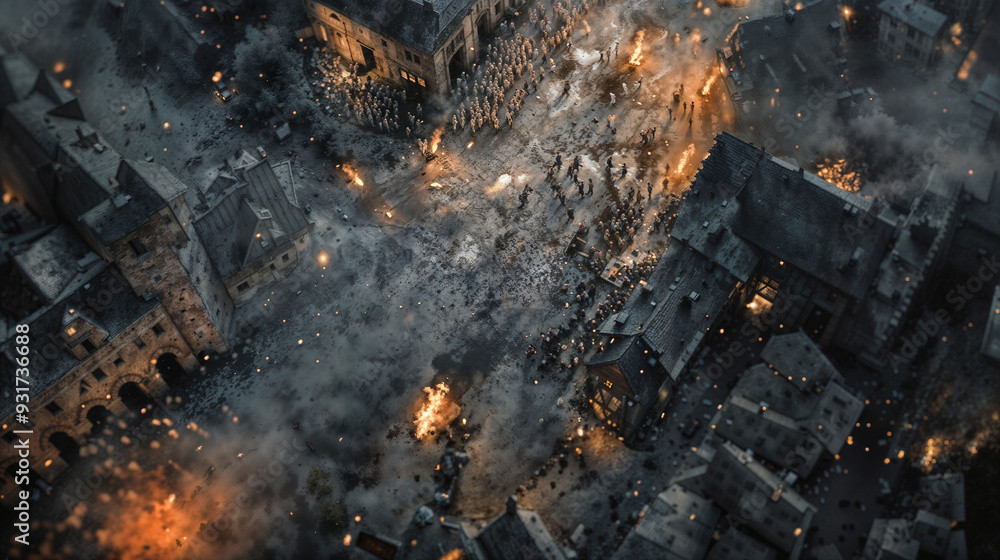 Chaotic street battle in medieval town. Aerial view of clashing crowds ...