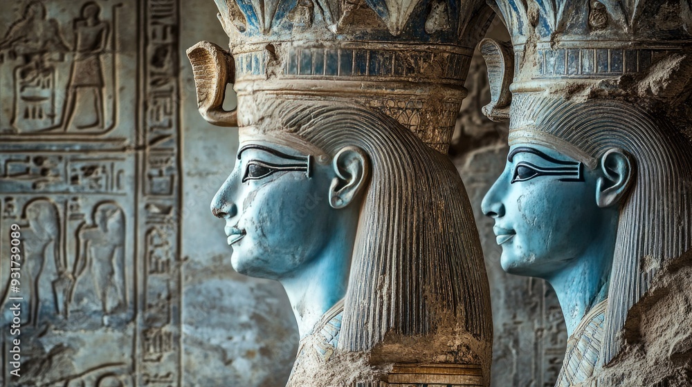 A close-up of the detailed carvings of Hathor on the columns of Dendera ...