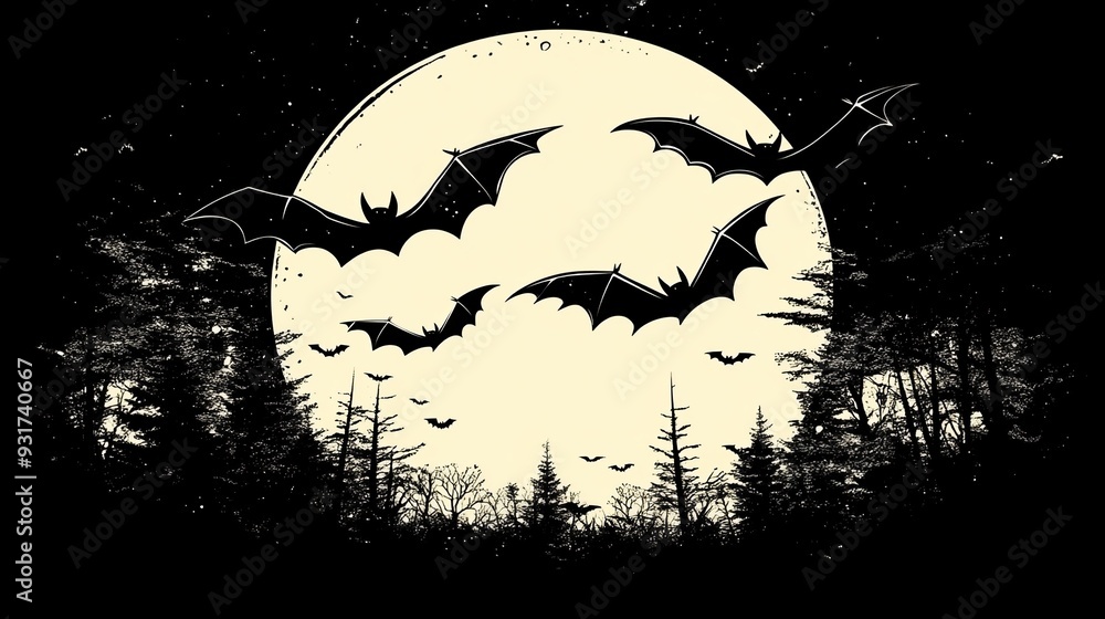 Bats Flying Under the Full Moon. Black-and-white bats flying in front ...