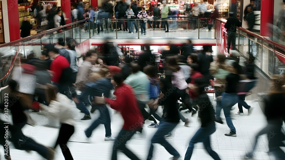 Crowd of people rushing inside a shopping mall during a sale event ...