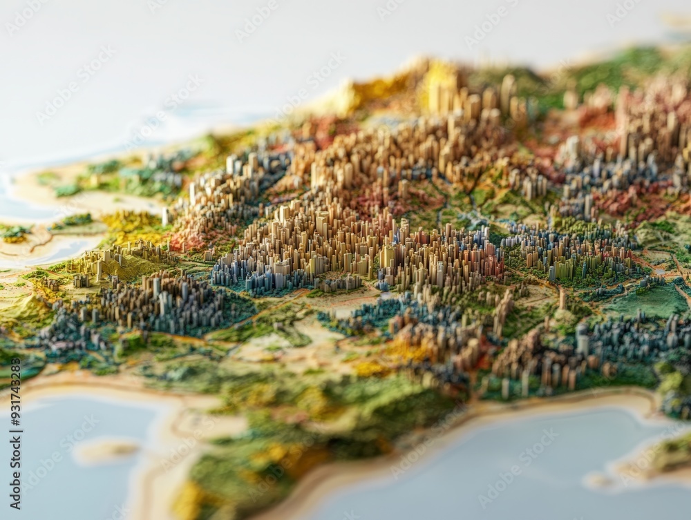 3D Rendering of a Detailed Population Density Map with Elevated ...