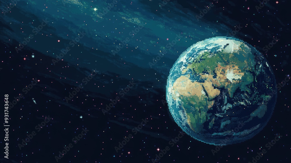 A pixel art view of Earth from space, with the curvature of the planet ...