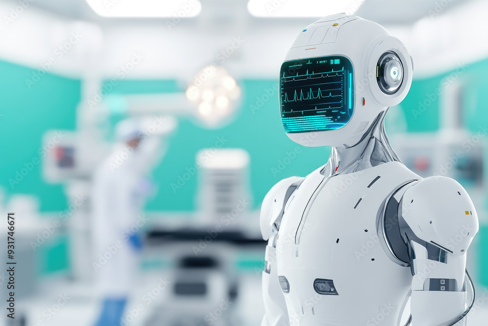 Futuristic surgical assistant, humanoid robot stands in a modern ...