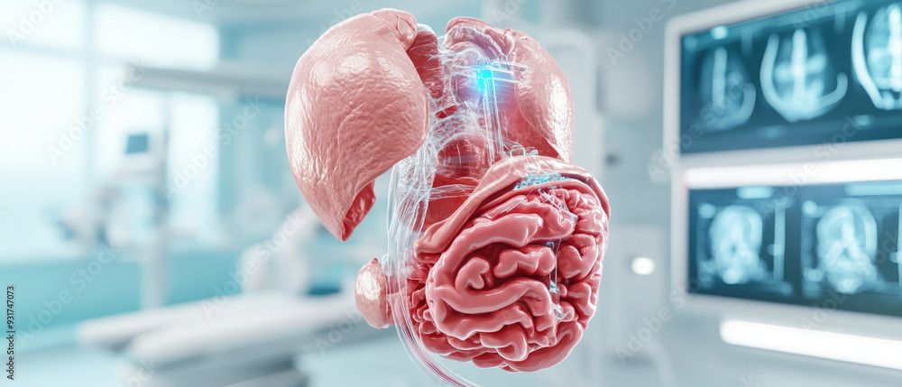 3D visualization of human brain anatomy highlighted in a modern medical ...