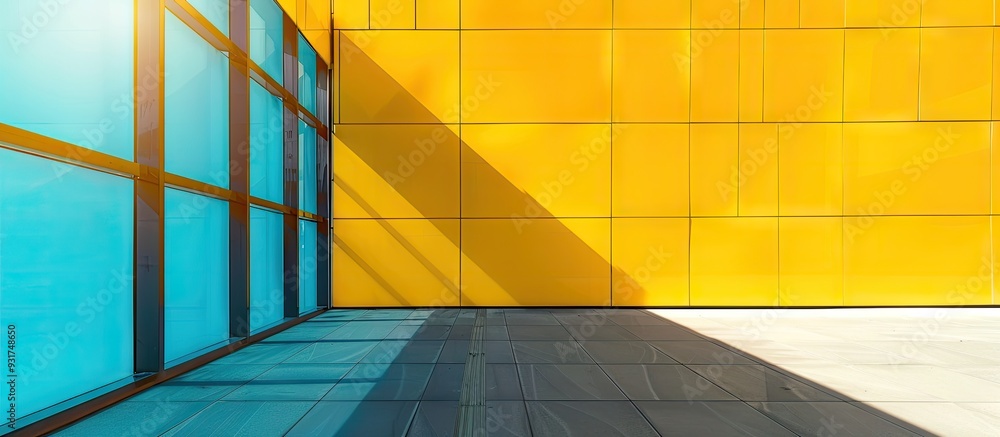 Sunlight and shadow on a yellow wall of a modern office building set ...