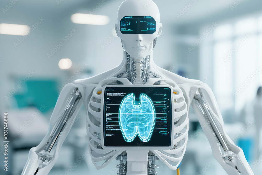 Futuristic Medical Assistant, a humanoid robot displaying a digital ...