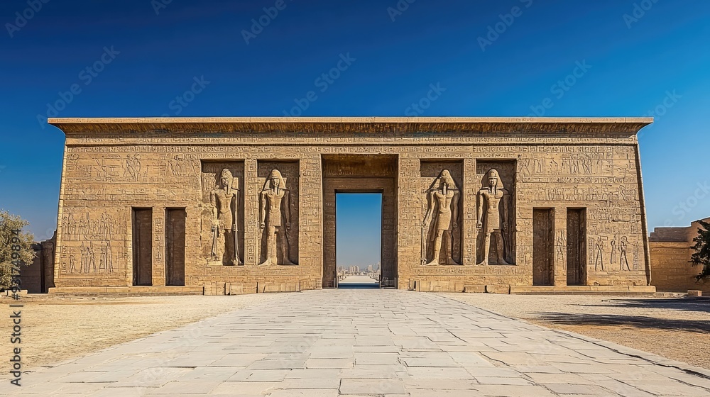 The entrance to Dendera Temple, with its massive stone gates framed by ...