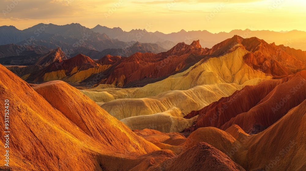 The unique landforms of Zhangye National Geopark at sunset, with the ...