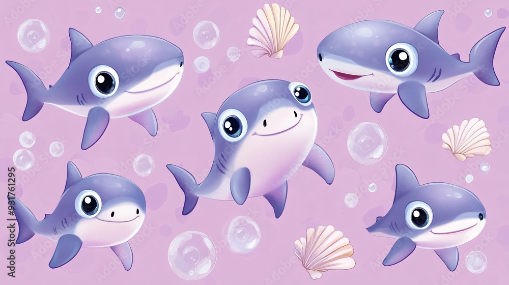 Cute baby sharks with big eyes on a lavender background with bubbles ...