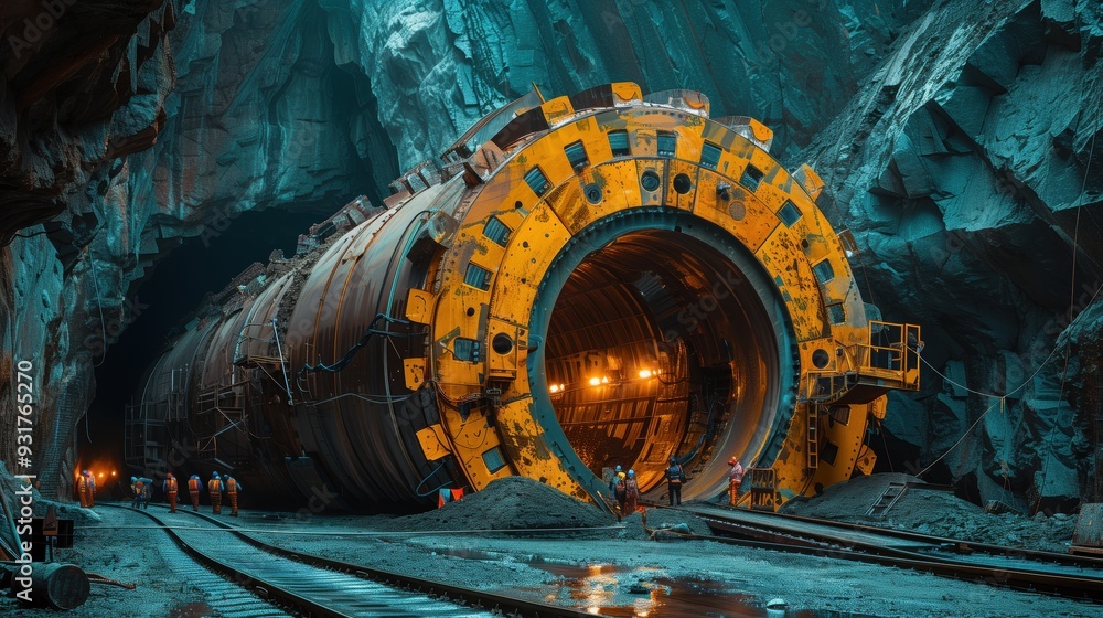 Tunnel boring machine operates deep inside a mountain cave, illuminated ...