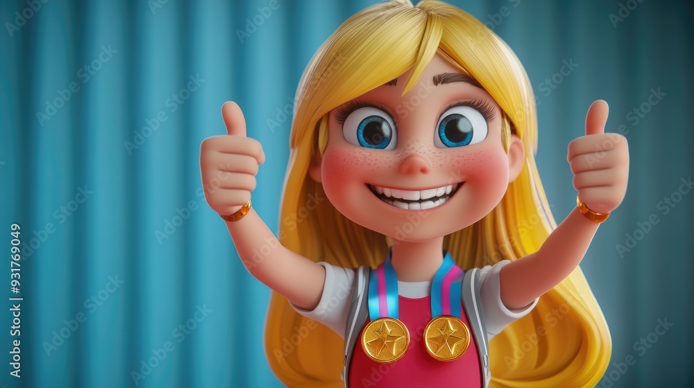 Cheerful animated character with blonde hair wearing shiny winner ...