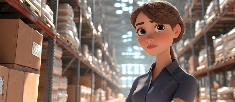 Charming cartoon woman in a 3D warehouse checking shelf products Stock ...