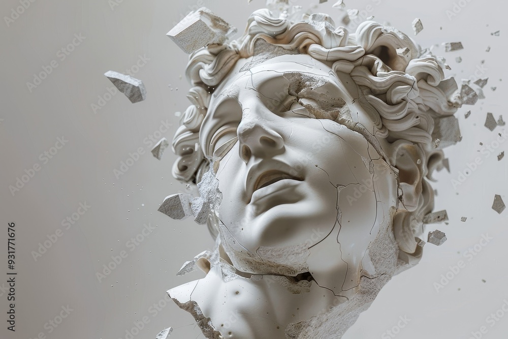 Marble statue with falling pieces. Greece culture, broken antique stone ...