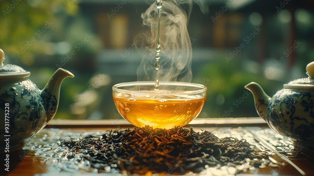 Oolong Tea Dripping into a Cup Surrounded by Tea Leaves Stock Photo ...
