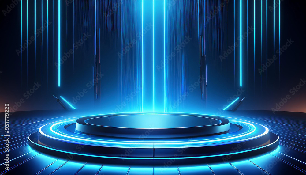 Futuristic cyber stage with neon blue circles and beams on black ...